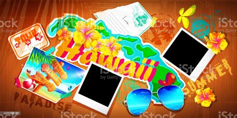 만화 스타일의 알로하 하와이 열대 휴가 개념 열대 스티커가 있는 텍스트를 위한 공간이 있는 하와이 엽서와 판지 복고풍 배경에 빠른 인쇄 사진 0명에 대한 스톡 벡터 아트 및