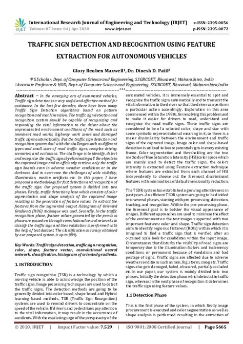 Pdf Irjet Traffic Sign Detection And Recognition Using Feature Extraction For Autonomous Vehicles