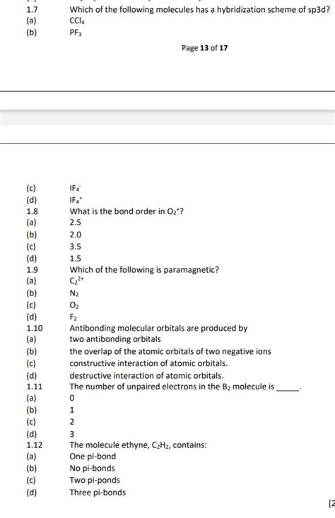 Solved 1 9 Which Of The Following Is Paramagnetic