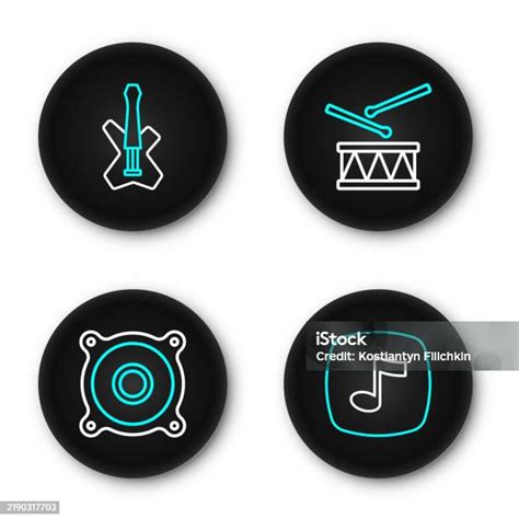 라인 음악 음표 톤 스테레오 스피커 드럼 스틱이 있는 드럼 및 일렉트릭 베이스 기타 아이콘을 설정합니다 벡터 끈적거리는에 대한 스톡 벡터 아트 및 기타 이미지 Istock