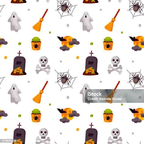 두개골과 십자가 빗자루 유령 달 박쥐 거미와 무덤 할로윈 귀여운 원활한 패턴 어린이는 옷 포장지 직물 직물 벽지를 디자인합니다 벡터 일러스트레이션 벡터에 대한 스톡 벡터