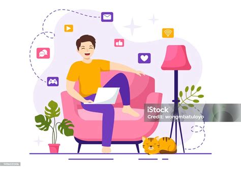 평면 만화 손으로 그린 템플릿에서 노트북이나 스마트폰과 같은 장치를 사용하는 데 중독된 젊은이들과 인터넷 중독 벡터 삽화 강박에 대한 스톡 벡터 아트 및 기타 이미지