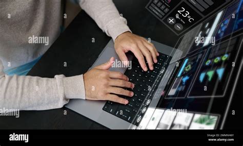 Man, hands and laptop hologram with dashboard, data analysis and ...