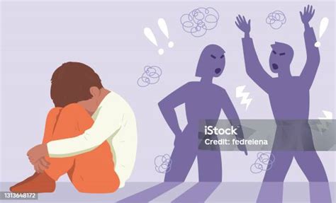어린 시절과 관계 문제 이혼 교육 심리학의 일러스트 개념 아이 때문에 주장 부모 나쁜 생각 그림자의 무서워 불안 외로움 집에서의 문제 두려움 아동 학대에 대한 스톡 벡터