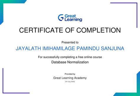 completed database normalization course by great learning sanjuna