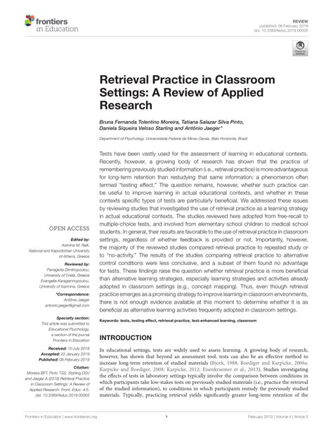 Pdf Retrieval Practice In Classroom Settings A Review Of Applied Research