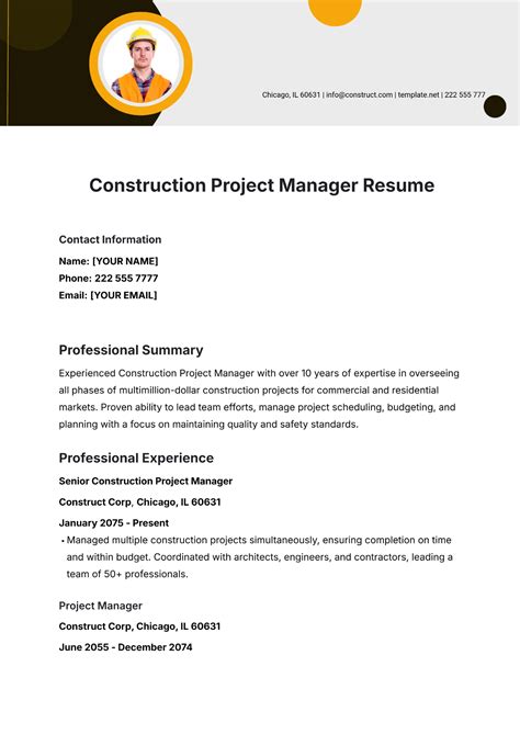 Free Construction Project Manager Resume Template To Edit Online