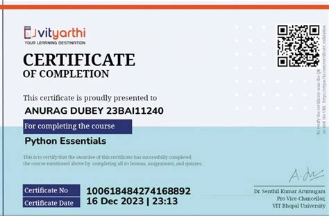 Completed Python Essentials On Vityarthi Anurag Dubey Posted On The