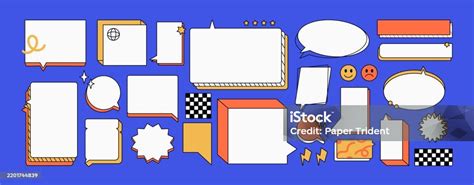 복고풍 스타일의 말풍선 세트입니다 토크 클라우드 텍스트 상자 채팅 풍선 멋진 메시지 대화 다양한 기하학적 모양의 대화 프레임 평면 고립 된 벡터 일러스트 0명에 대한 스톡