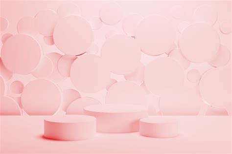 밝은 분홍색 추상 무대 3 개의 둥근 연단 모형 비행 서클 장식 세트 템플릿 3d 일러스트 레이션 현대 바람이 잘 통하는 장면 프리젠 테이션 화장품 브랜딩 상품 광고 판매