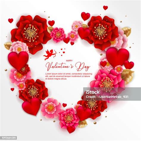 아름 다운 화려한 꽃과 하트 해피 발렌타인 배너 서식 파일 배너 배경 화면 전단지 초대장 포스터 브로셔 바우처 할인 사용할 수 있습니다 벡터 일러스트 레이 션 2월에 대한