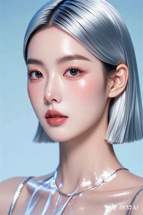 美丽的中国模特，面部细节完美，银色短发，人物细节精致，标准全身形象照，干净的背景，全景半身，大光圈，细腻的光泽，8k渐，变半透明玻璃融化 1 花瓣网