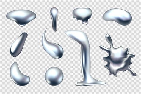 액체 금속 크롬 모양 은색 공 3d 드롭 및 스플래시 추상 진주 구체 구슬 그라데이션 퀵실버 용융 흐름 수은 얼룩 유체 금속 형태 벡터 광택 요소 세트 구에 대한 스톡 벡터