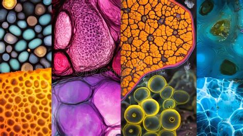 Detailed Microscopic View Of Varied Cell Types Showcasing Distinctive Features And Vibrant