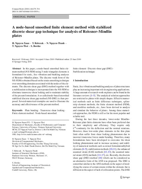 Pdf A Node Based Smoothed Finite Element Method Ns Fem For Analysis Of Reissnermindlin