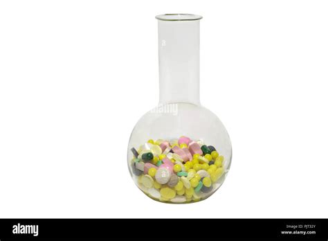 Laboratory Glassware With Multicolored Pills Florence Flask Glass Vessel For Storing And