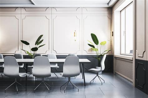 Современный классический интерьер конференц зала с мебелью окном и видом на город 3d Rendering