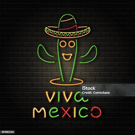 현실적인 벡터 장식 벽 배경에 대 한 선인장 솜브레로의 네온 사인 해피 독립 기념일 멕시코에 대 한 고립 비 바 멕시코의 개념입니다 0명에 대한 스톡 벡터 아트 및 기타