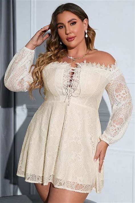 Plus Size Off White Lace Off The Shoulder Long Sleeve Party Dress Modsele