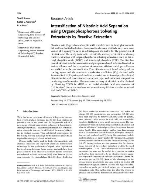 Pdf Intensification Of Nicotinic Acid Separation Using Organophosphorous Solvating Extractants