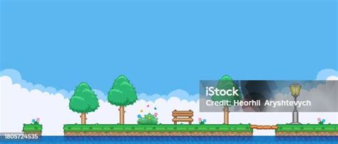 다채로운 간단한 벡터 픽셀 아트 복고풍 비디오 게임 플랫포머 레벨 스타일의 낙엽수 사이 섬에 만화 벤치의 수평 그림 0명에 대한