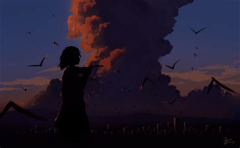 Safebooru 1girl Bird City Clouds Highres Original Outdoors Scenery Short Hair Signature Sky