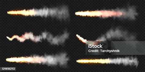 현실적인 우주 로켓 발사 트레일 화재 폭발 폭발 미사일 또는 총알 흔적 제트 항공기 트랙 연기 구름 안개 증기 흐름 벡터 일러스트레이션 Ship Launch에 대한 스톡