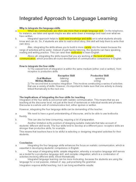 Integrating The Four Skills Pdf English Language Cognitive Science