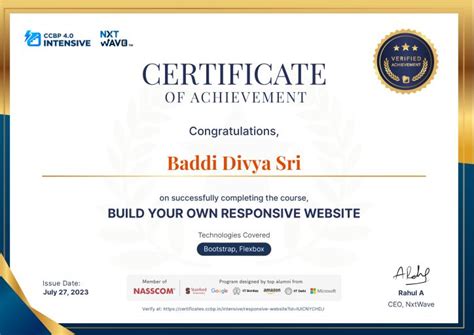 My Certificate Of Completion For Responsive Website Course Divyasri Baddi Posted On The Topic