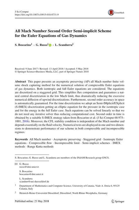 Pdf All Mach Number Second Order Semi Implicit Scheme For The Euler Equations Of Gasdynamics