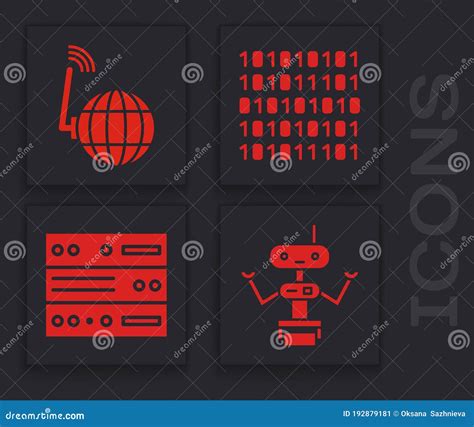 Set Robot Social Network Binary Code And Server Data Web Hosting Icon Vector Stock Vector