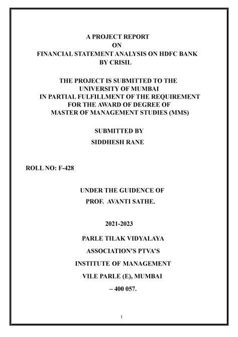 Specialisation Project Siddhesh Rane Siddd A Project Report On Financial Statement Analysis