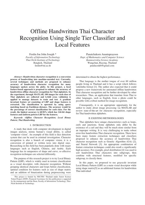 Pdf Offline Handwritten Thai Character Recognition Using Single Tier Classifier And Local Features
