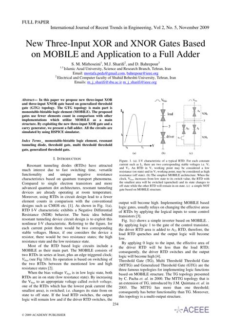 PDF New Three Input XOR And XNOR Gates Based On MOBILE And Application To A Full Adder