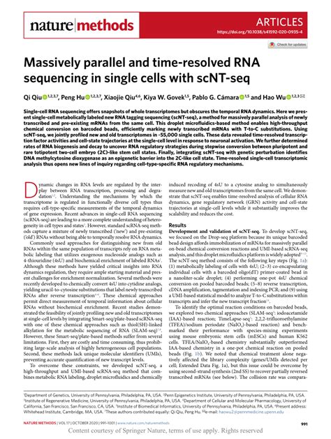 Massively Parallel And Time Resolved Rna Sequencing In Single Cells With Scnt Seq Request Pdf