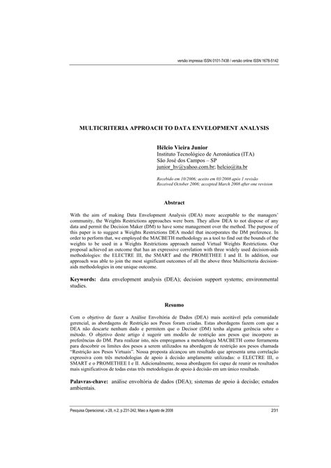 Pdf Multicriteria Approach To Data Envelopment Analysis