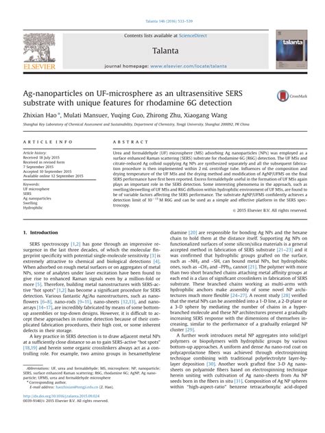 Pdf Ag Nanoparticles On Uf Microsphere As An Ultrasensitive Sers Substrate With Unique