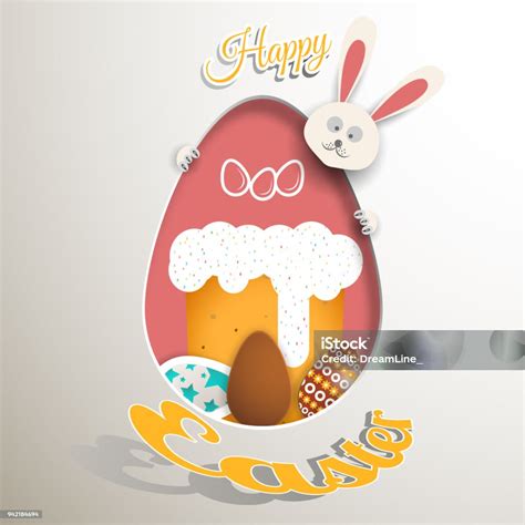 벡터 행복 한 부활절 난 자 없나 토끼 그림자 케이크 계란 패턴 및 텍스트 그라데이션 회색 배경에 종이에서 잘라 종이를 잘라합니다 4월에 대한 스톡 벡터 아트 및 기타