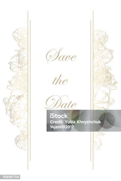 장식 라인 황금 모란 웨딩 카드 템플릿입니다 카드 초대장 배너 포스터 인쇄 디자인에 사용할 수 있습니다 0명에 대한 스톡 벡터