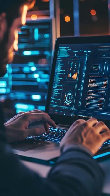 hacker typing code on laptop in a dark room premium ai generated image