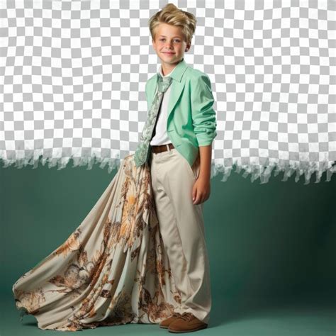 오스트레일리아 원주민 인종의 금발 머리카락을 가진 방어적 인 어린이 소년은 소매 판매자 의상을 입고 파스텔 그린 바에 대항하여 전체 길이와 흐르는 드레스 스타일로 포즈를