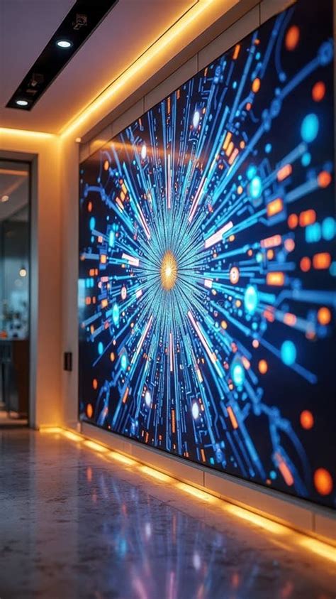 Futuristic Digital Art Display On Illuminated Wall In Modern Setting Stock Illustration