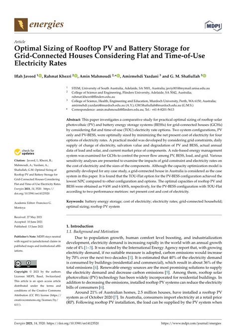Pdf Optimal Sizing Of Rooftop Pv And Battery Storage For Grid