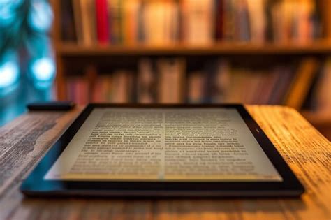 A Tablet Displaying An Open Digital Textbook Rests On A Wooden Table With A Bookshelf Filled