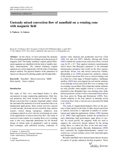 pdf unsteady mixed convection flow of nanofluid on a rotating cone