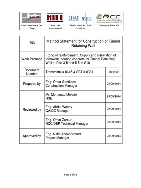 Method Statement And Itp For Construction Of Tunnel Retaining Wall At S10