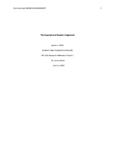 Random Assignment Running Head Random Assignment 1 The Importance Of