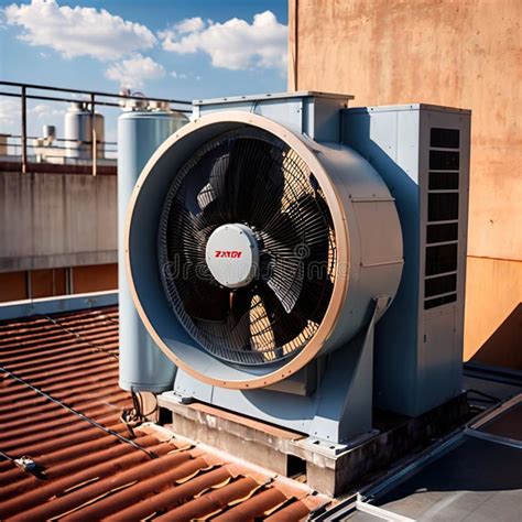 A Huge Air Conditioning Exhaust Fan On The Roof Of The Building Stock
