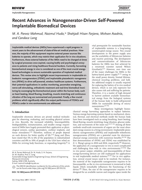 PDF Recent Advances In Nanogenerator Driven Self Powered Implantable Biomedical Devices
