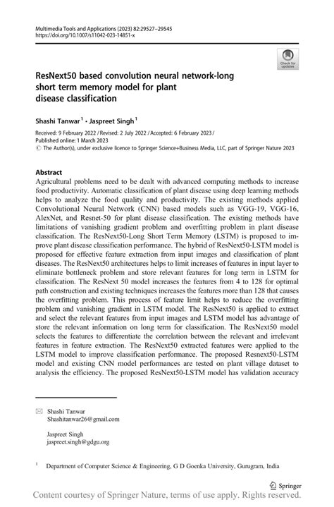 Resnext50 Based Convolution Neural Network Long Short Term Memory Model For Plant Disease